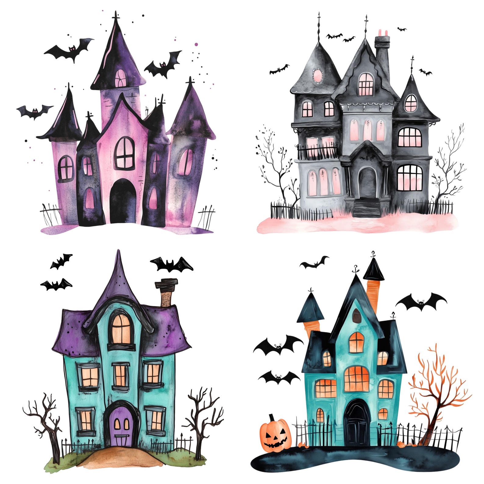 10 Cute Halloween Haunted House Watercolor Clipart Graphics - Printable ...