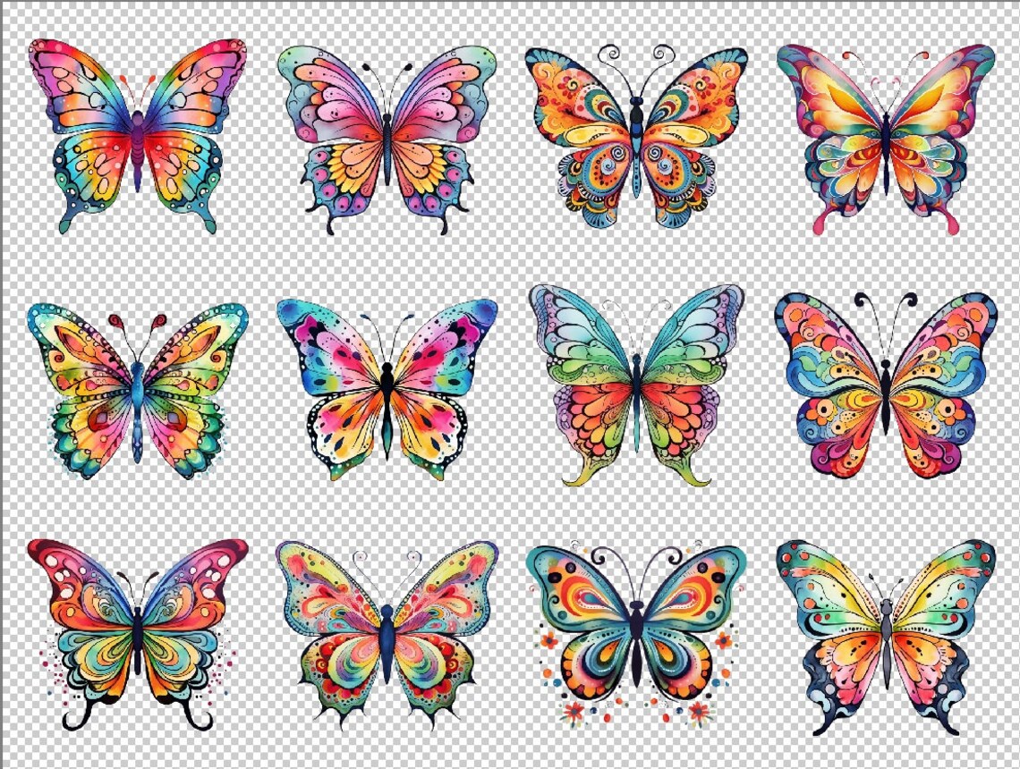 12 Watercolor Retro Butterfly Clipart Graphics Bundle Printable PNG ...
