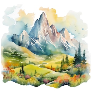 10 Watercolor Spring Mountains Clipart Graphics - Printable PNG Files ...