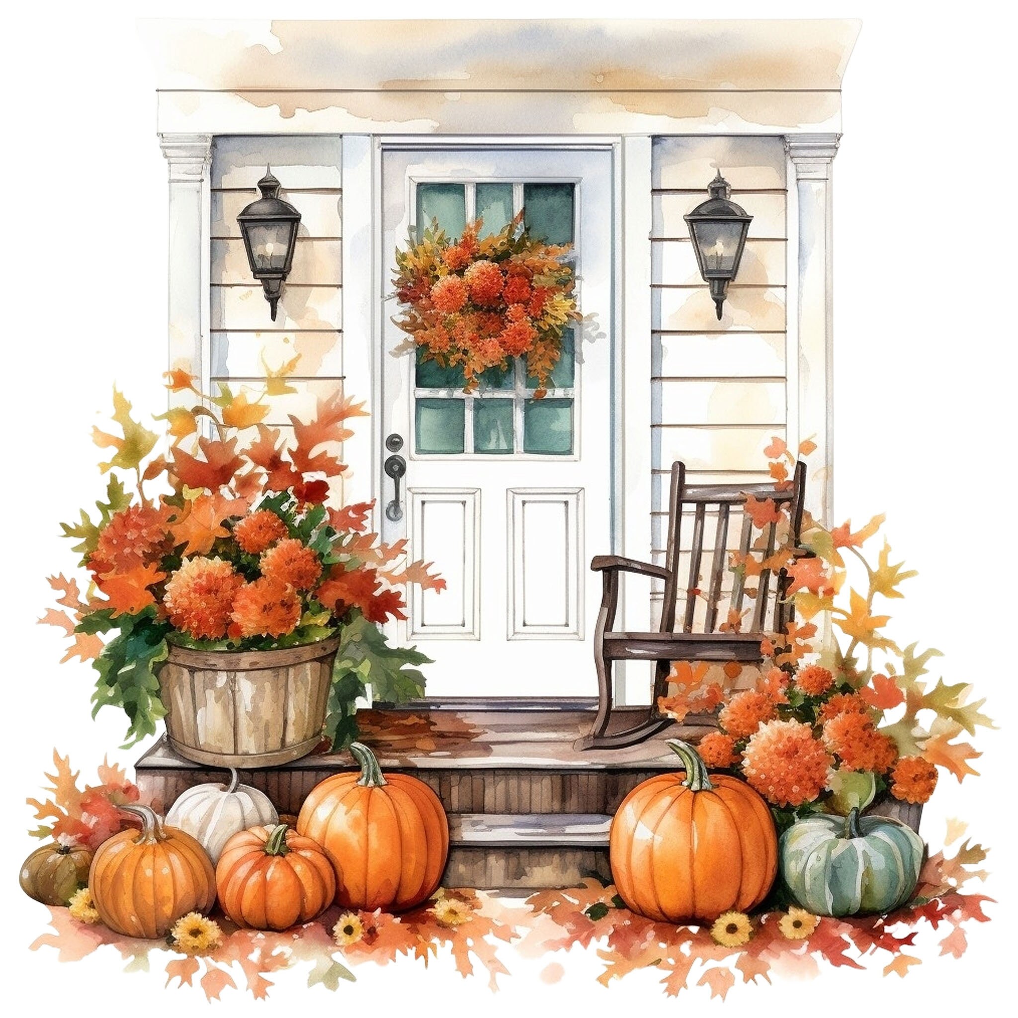 10 Autumn Porches and Doors Watercolor Clipart Graphics - Printable PNG ...