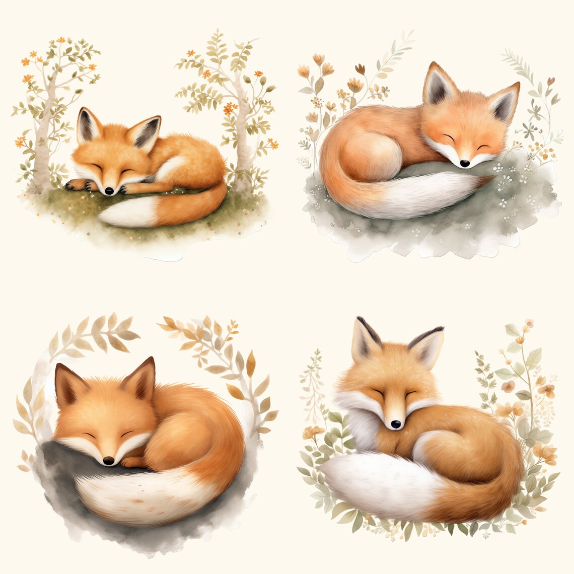 4 Cute Sleeping Fox Clipart Watercolor Graphics PNG Files for ...
