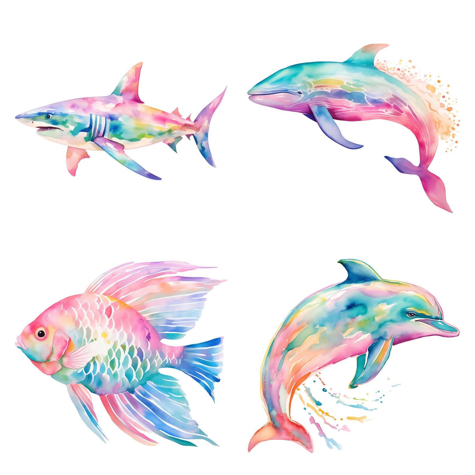 16 Watercolor Preppy Sea Creatures Clipart Graphics Printable PNG Files ...