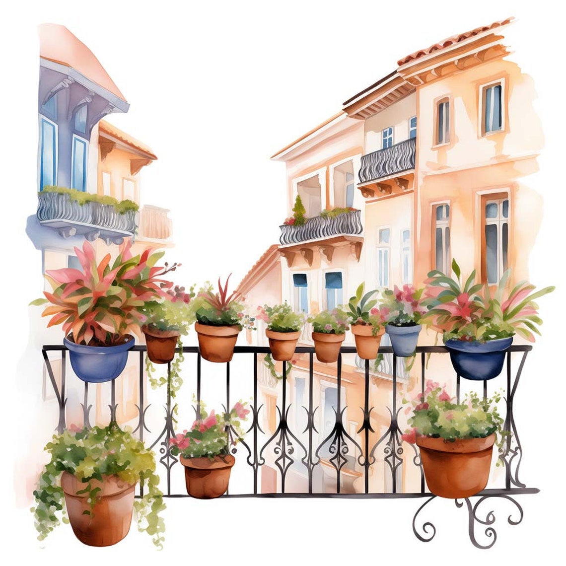 10 Watercolor Urban Balcony Garden Clipart Graphics - Printable PNG ...