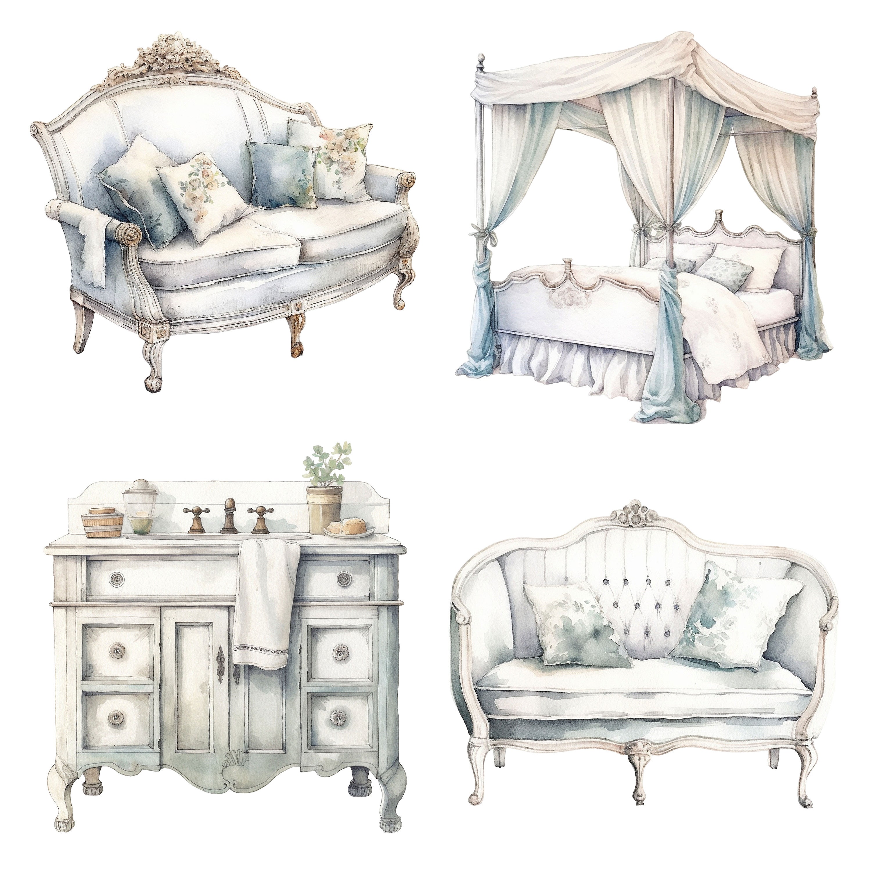 16 Watercolor French Shabby Style Furniture Clipart Digital - Etsy