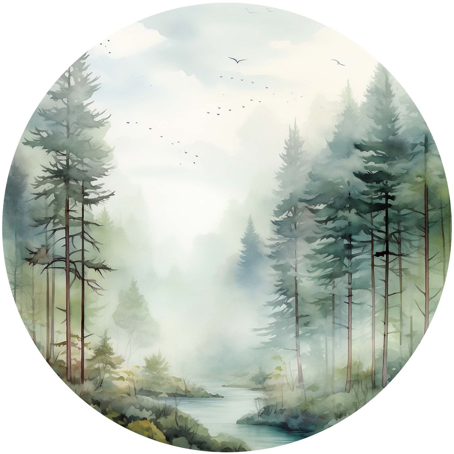 10 Watercolor Misty Forest Scenery Circle Clipart – PNG Graphics ...