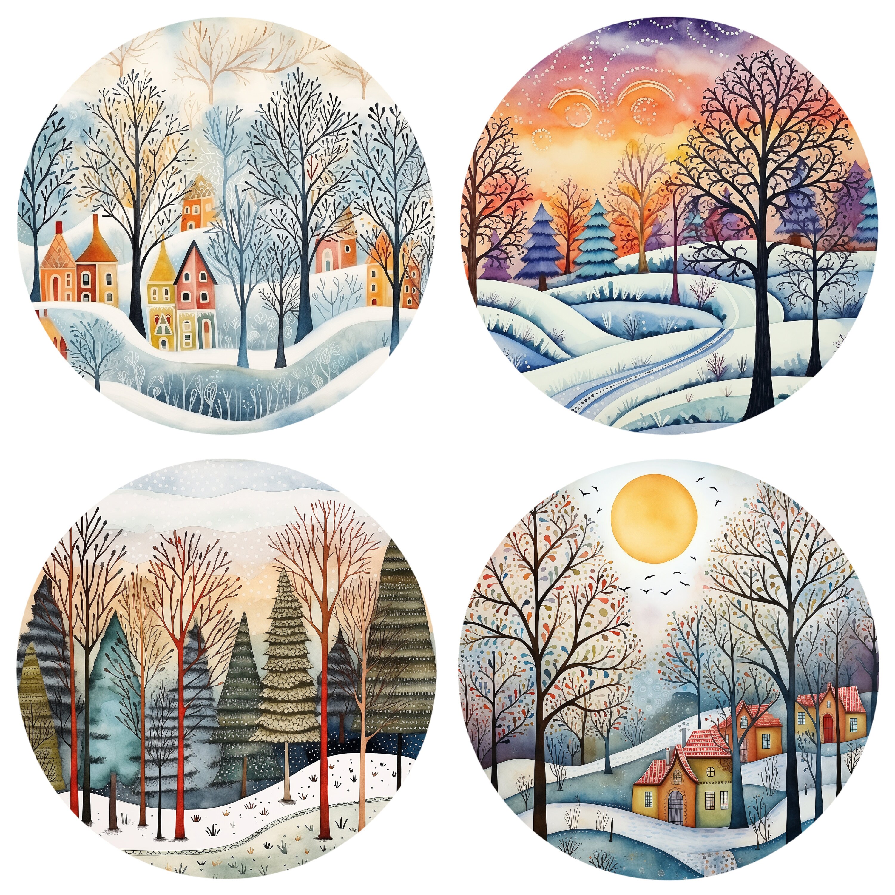10 Folk Art Winter Landscape Watercolor Clipart Circle Graphics ...