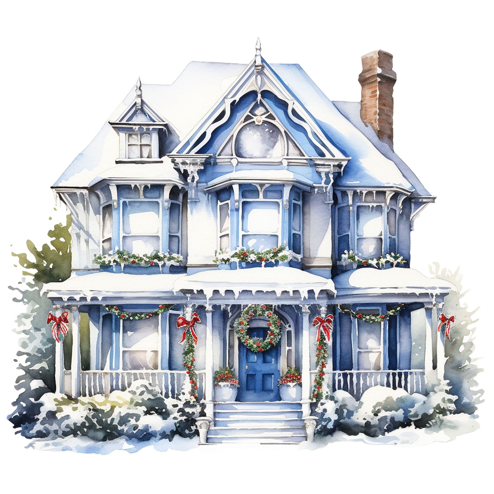 10 Watercolor Winter Holiday Houses Clipart Graphics - Printable PNG ...