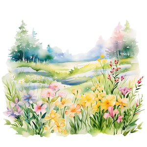 10 Spring Meadow Watercolor Clipart Graphics - Printable PNG Files ...