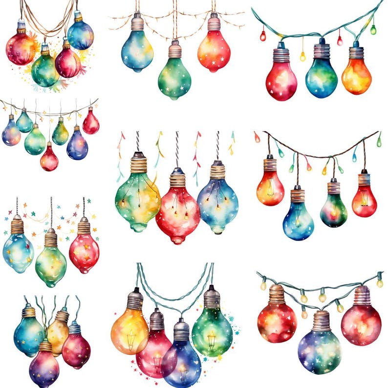 10 Watercolor Christmas String Lights Clipart – Printable PNG Files ...