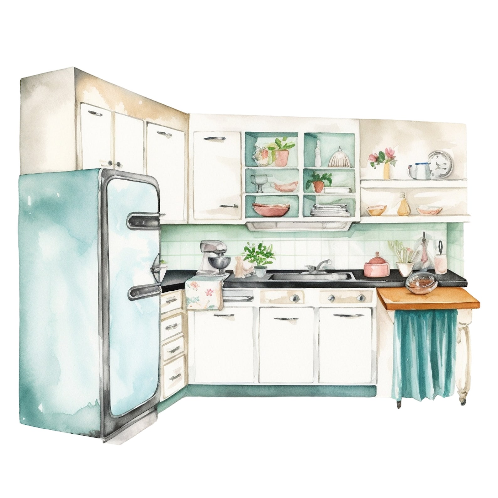 10 Cute Retro Kitchen Clipart Watercolor Graphics Digital Download PNG ...