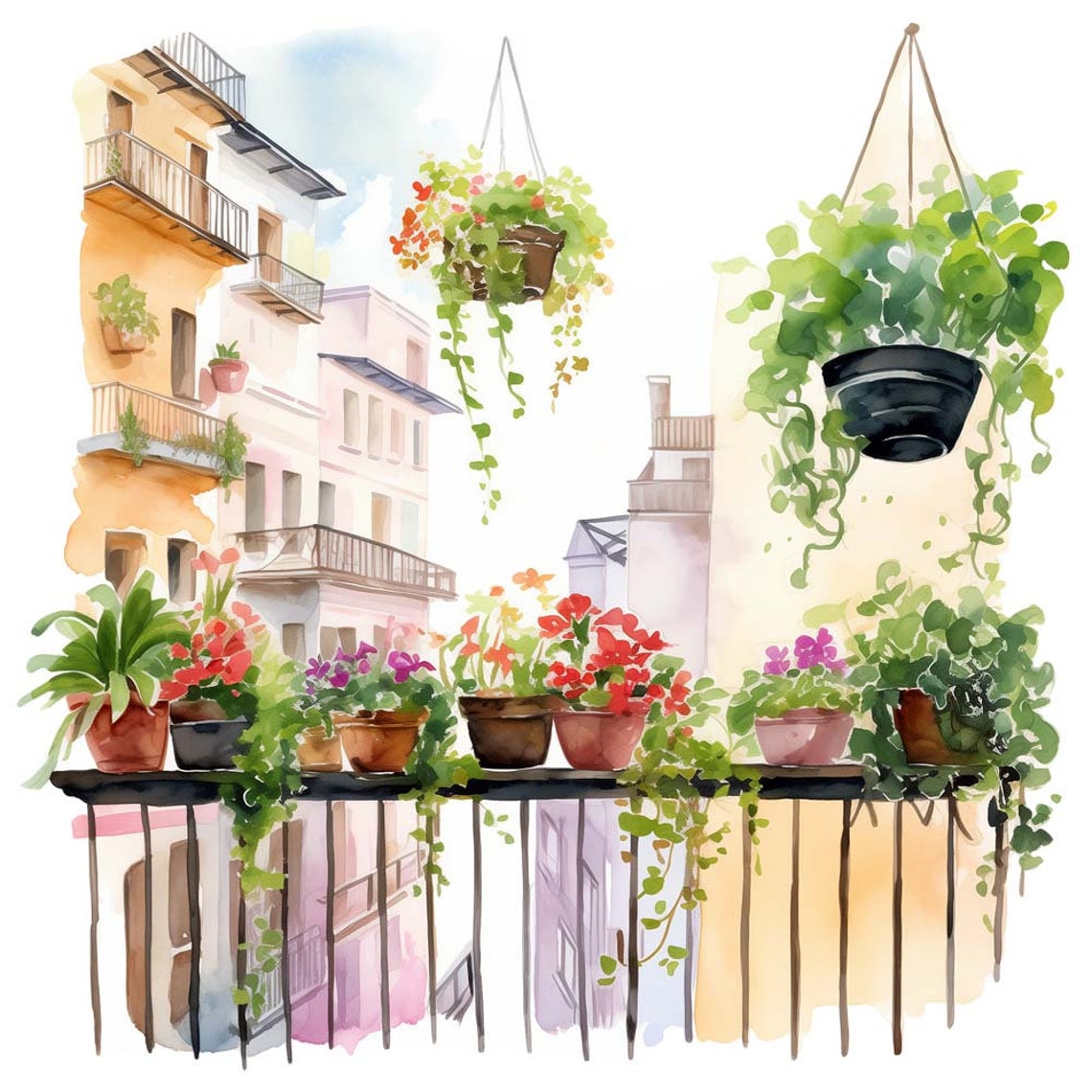10 Watercolor Urban Balcony Garden Clipart Graphics - Printable PNG ...