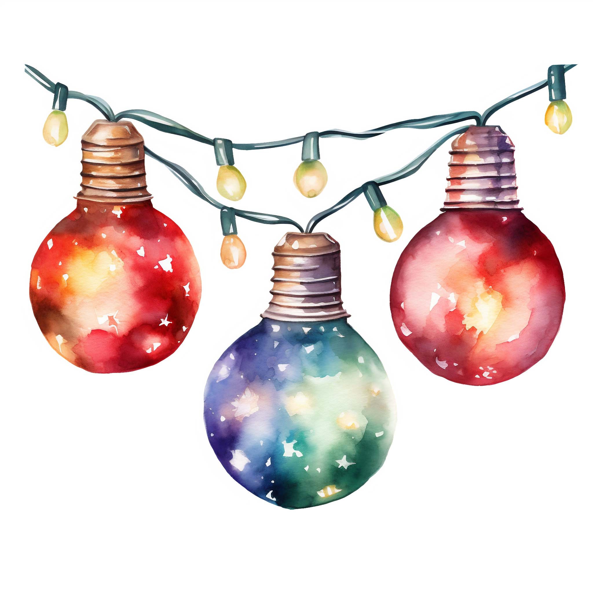 10 Christmas String Bulb Lights Watercolor Clipart Graphics Printable ...