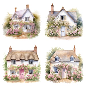 10 Cute Rose Cottage Clipart Watercolor Graphics Bundle - Printable PNG ...