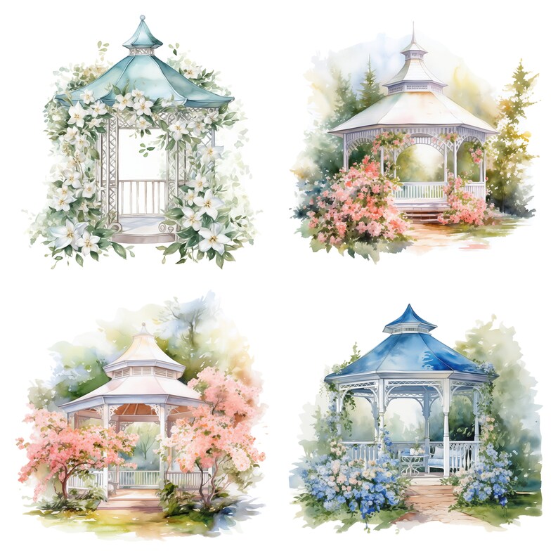 16 Watercolor Garden Gazebo Clipart Graphics Bundle Printable PNG Files ...