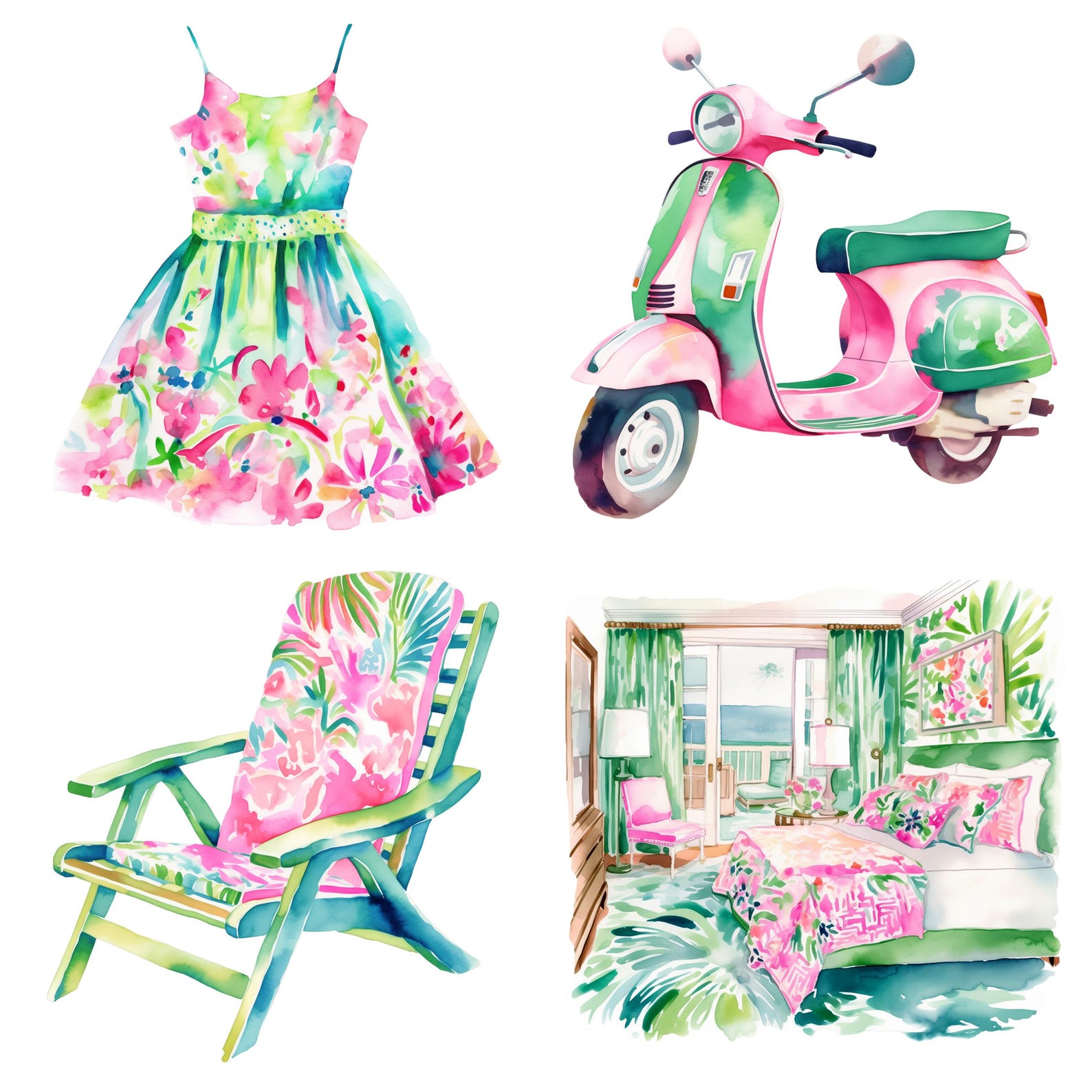 12 Watercolor Preppy Vacation Clipart Graphics - Printable PNG Files ...