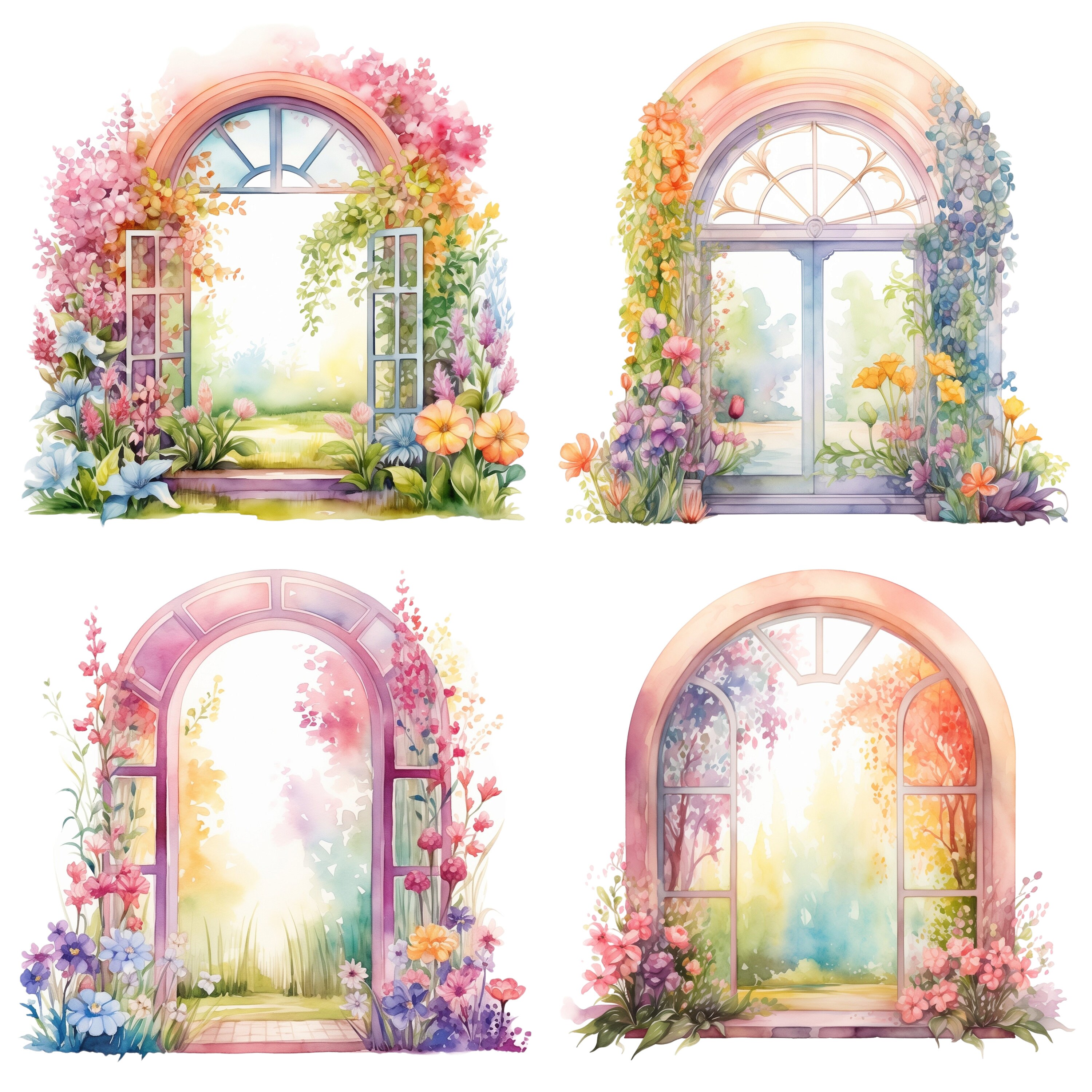 16 Spring Garden Arch Window Watercolor Clipart Bundle Digital PNG ...