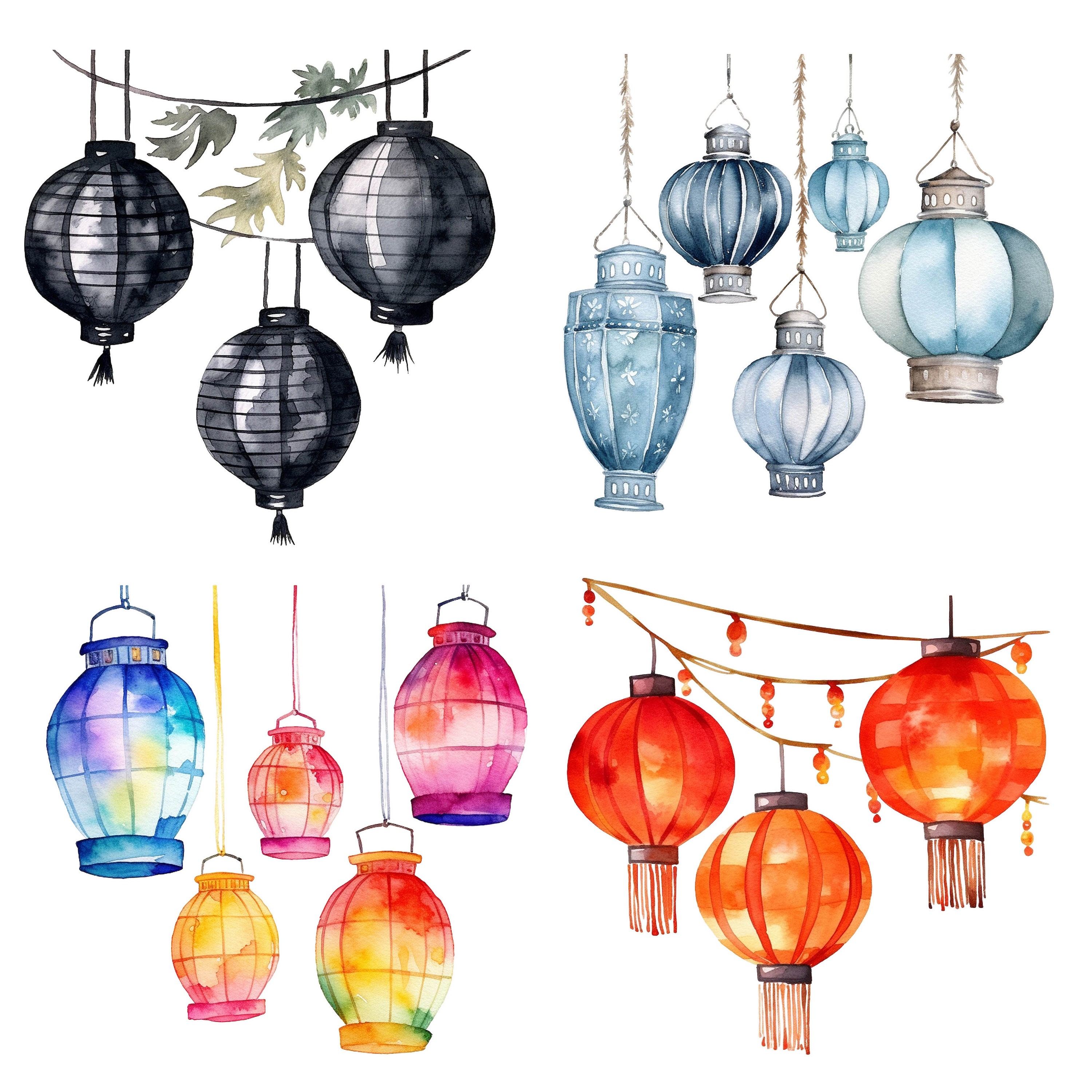 16 Party Lanterns Clipart Watercolor Graphics Digital Download PNG ...