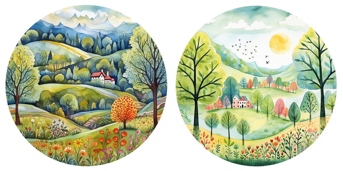 10 Folk Art Summer Landscape Watercolor Clipart Circle Graphics ...