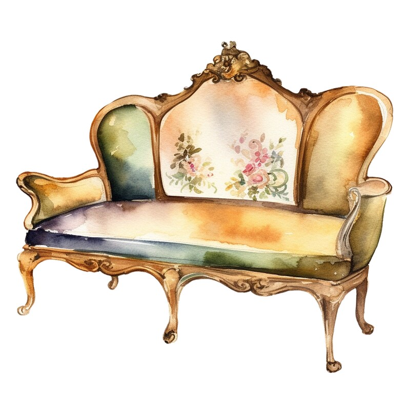 10 Watercolor Antique Sofa Furniture Clipart – PNG Graphics (digital ...