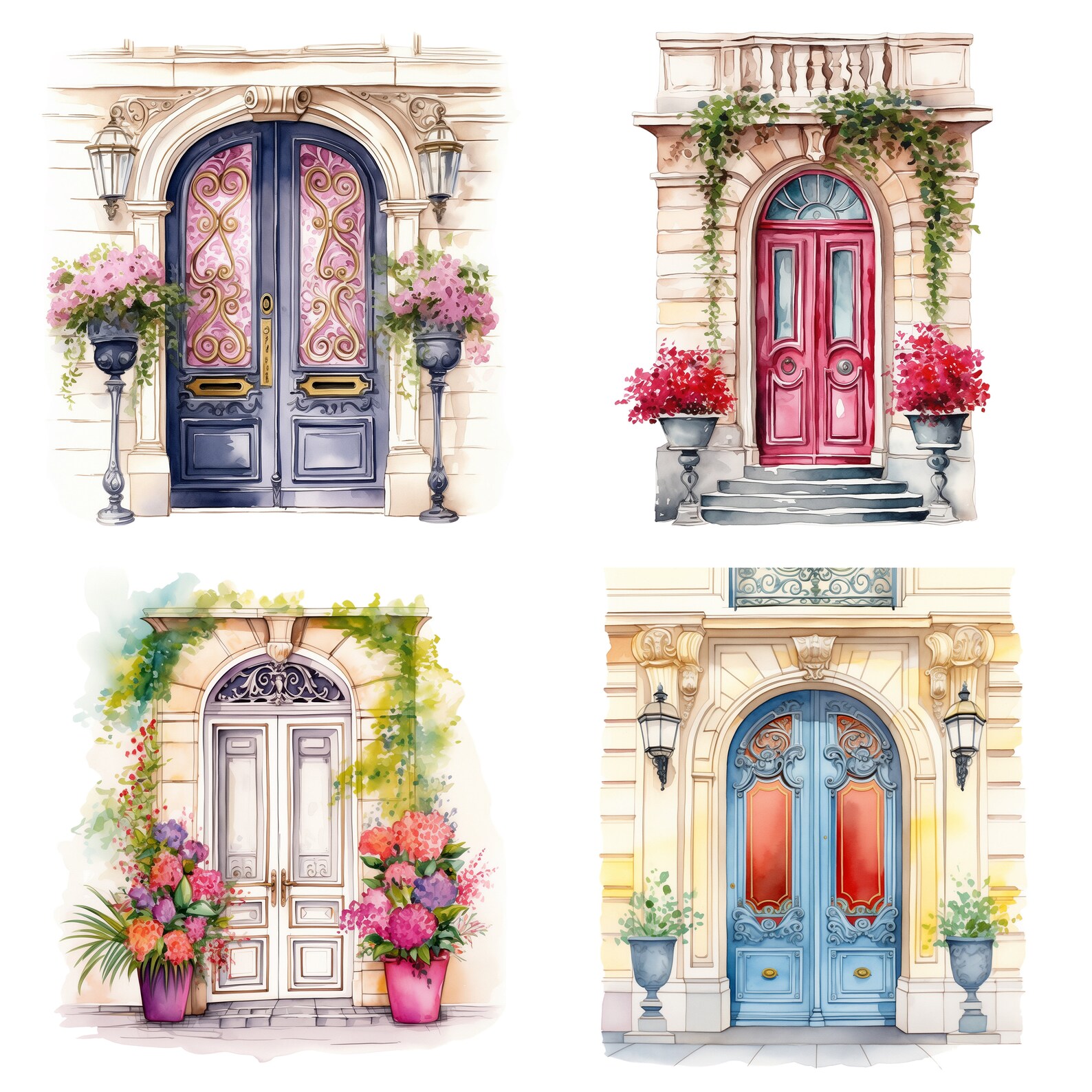 10 Cute Paris Doors Watercolor Clipart Graphics Bundle Printable PNG ...
