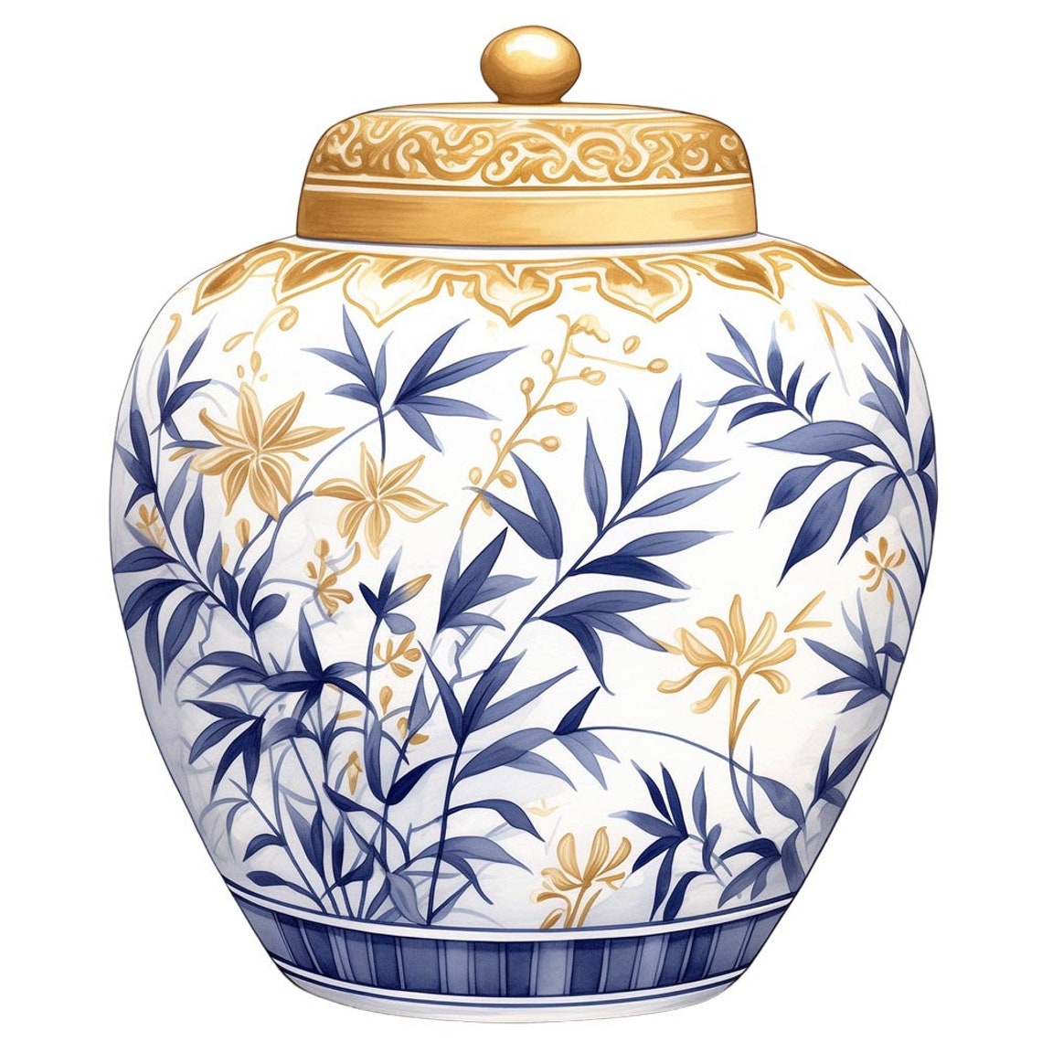 10 Chinoiserie Blue and Gold Ginger Jar Watercolor Clipart Printable ...