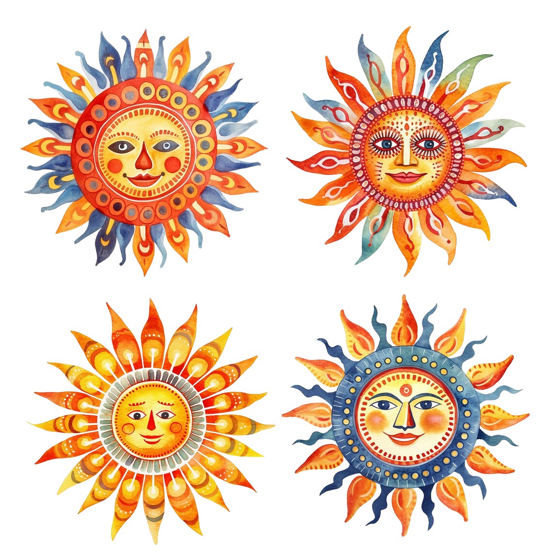 14 Watercolor Mexican Folk Art Sun Clipart Digital Download PNG Files ...