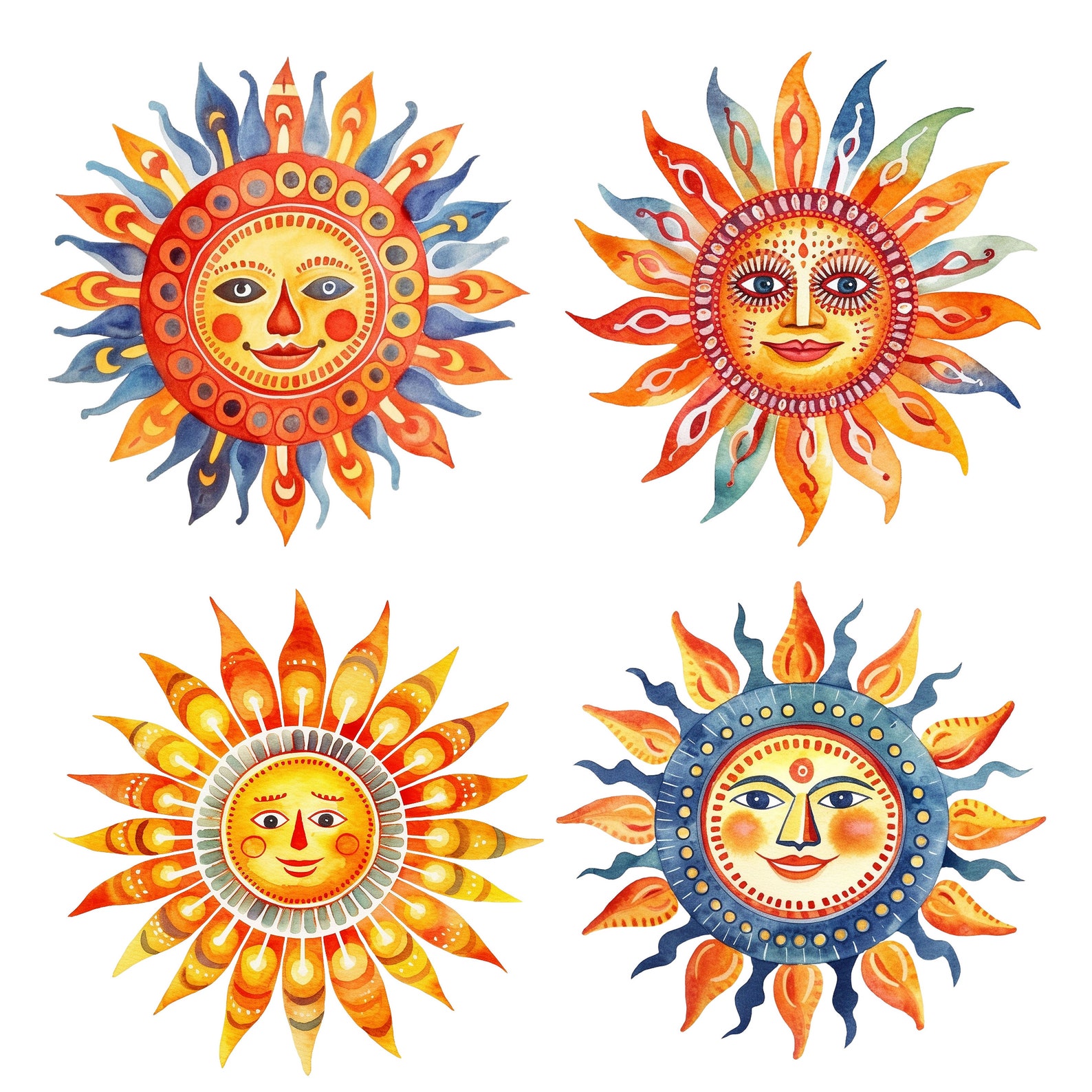 14 Watercolor Mexican Folk Art Sun Clipart Digital Download PNG Files ...