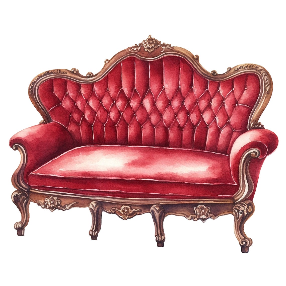 10 Watercolor Antique Red Velvet Sofa Furniture Clipart Digital PNG ...