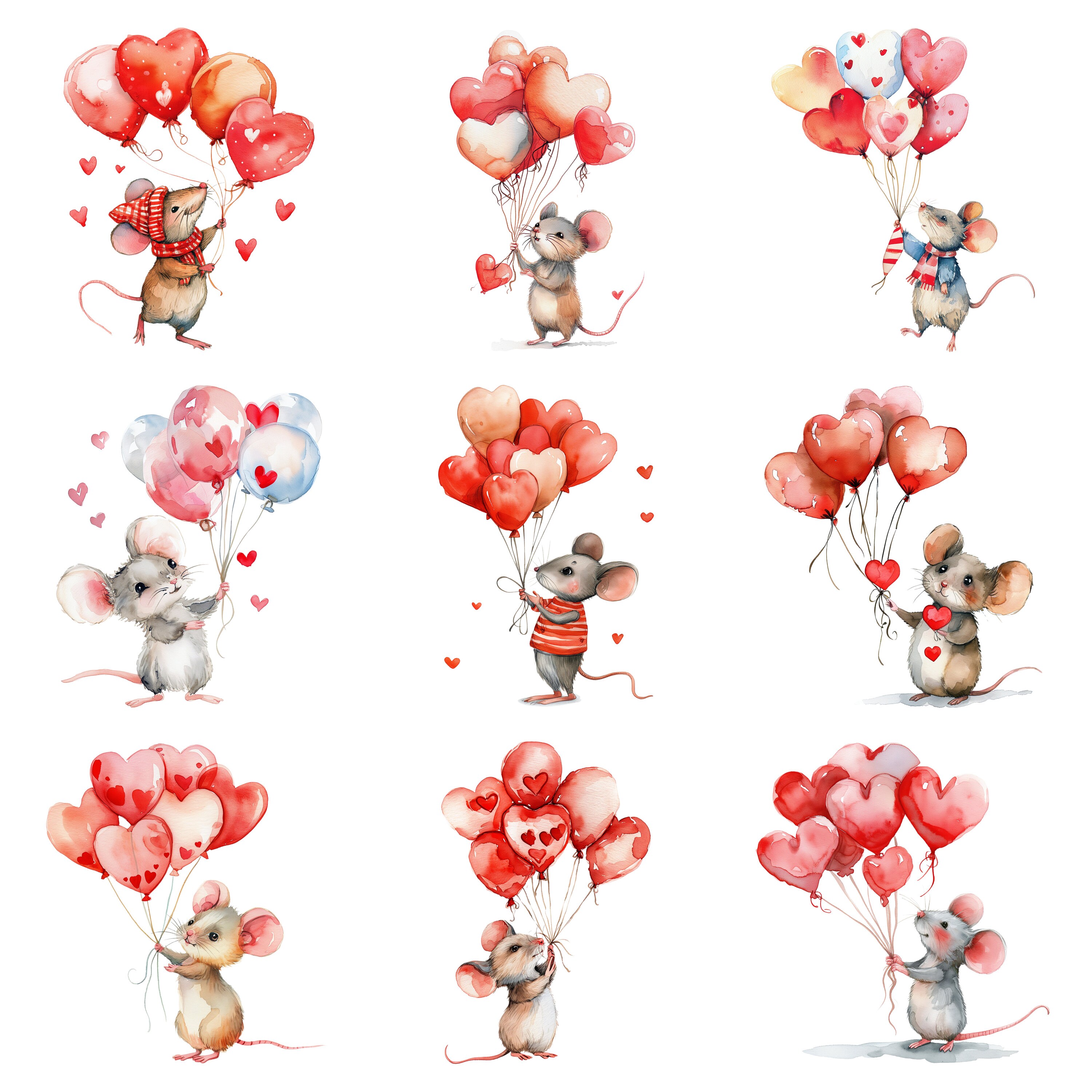 10 Cute Valentine Mouse Clipart Watercolor Graphics - Digital PNG Files ...