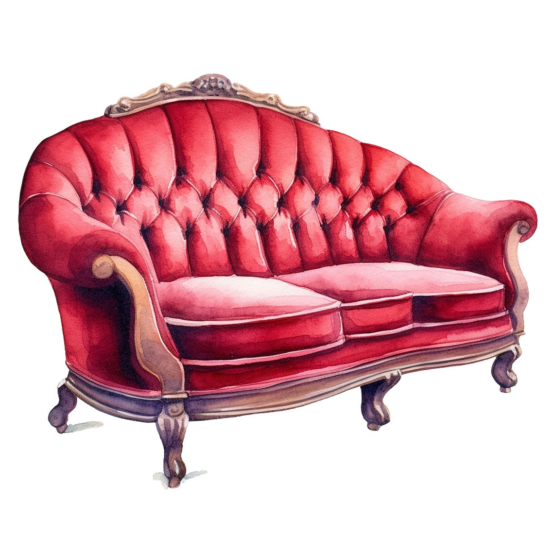 10 Watercolor Antique Red Velvet Sofa Furniture Clipart Digital PNG ...