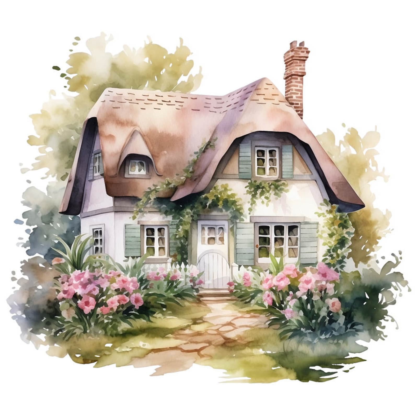 10 Cute Country Cottage Clipart Watercolor Graphics - Printable PNG ...