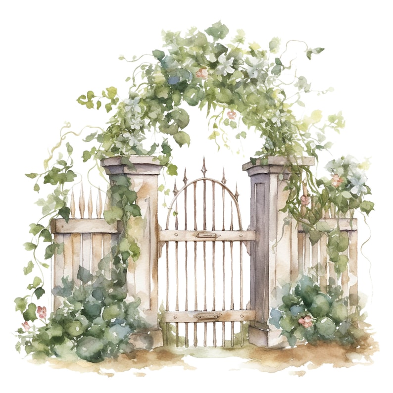 10 Cottagecore Garden Gate Watercolor Clipart Digital Download PNG ...