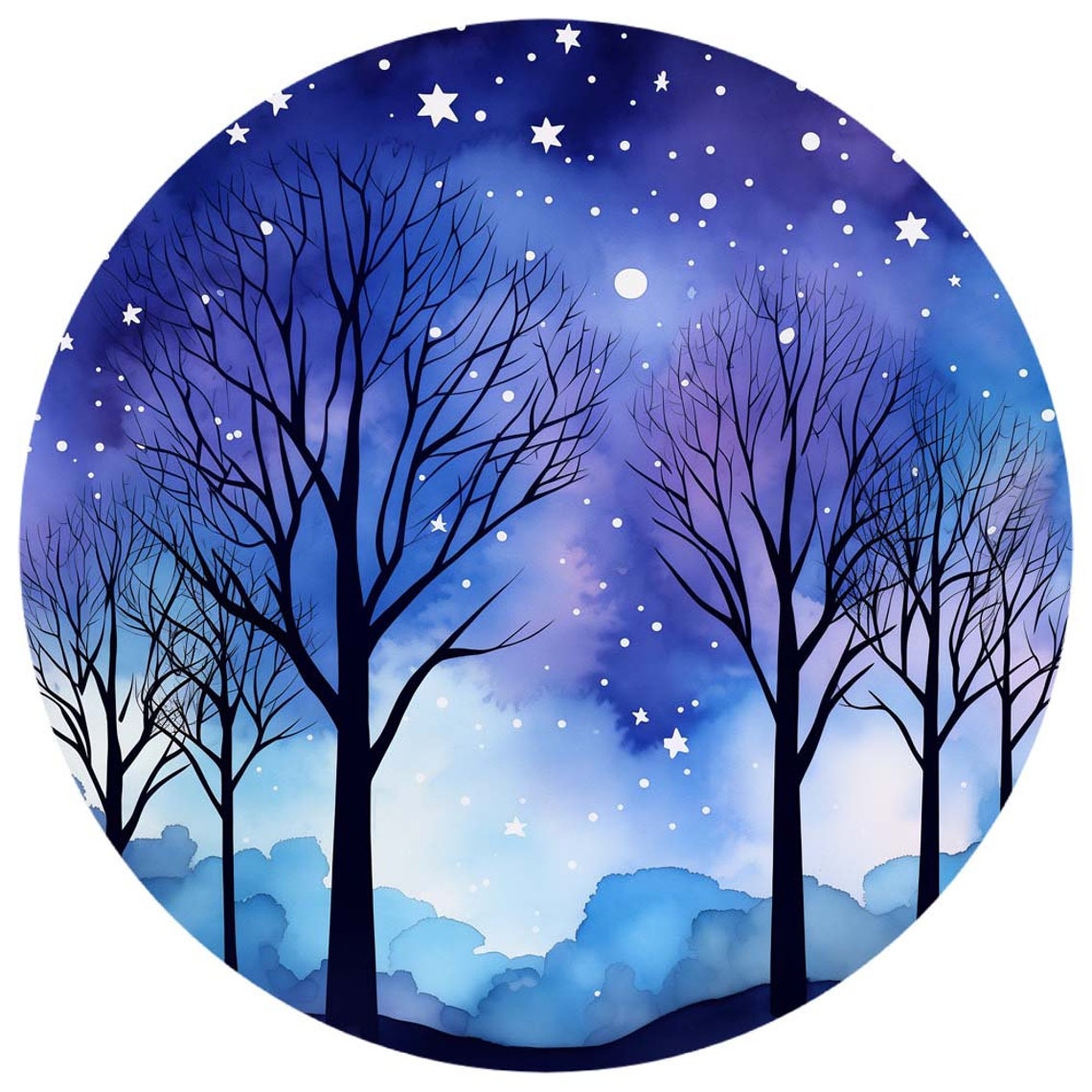 10 Starry Night Silhouette Trees Watercolor Clipart Graphics Printable ...