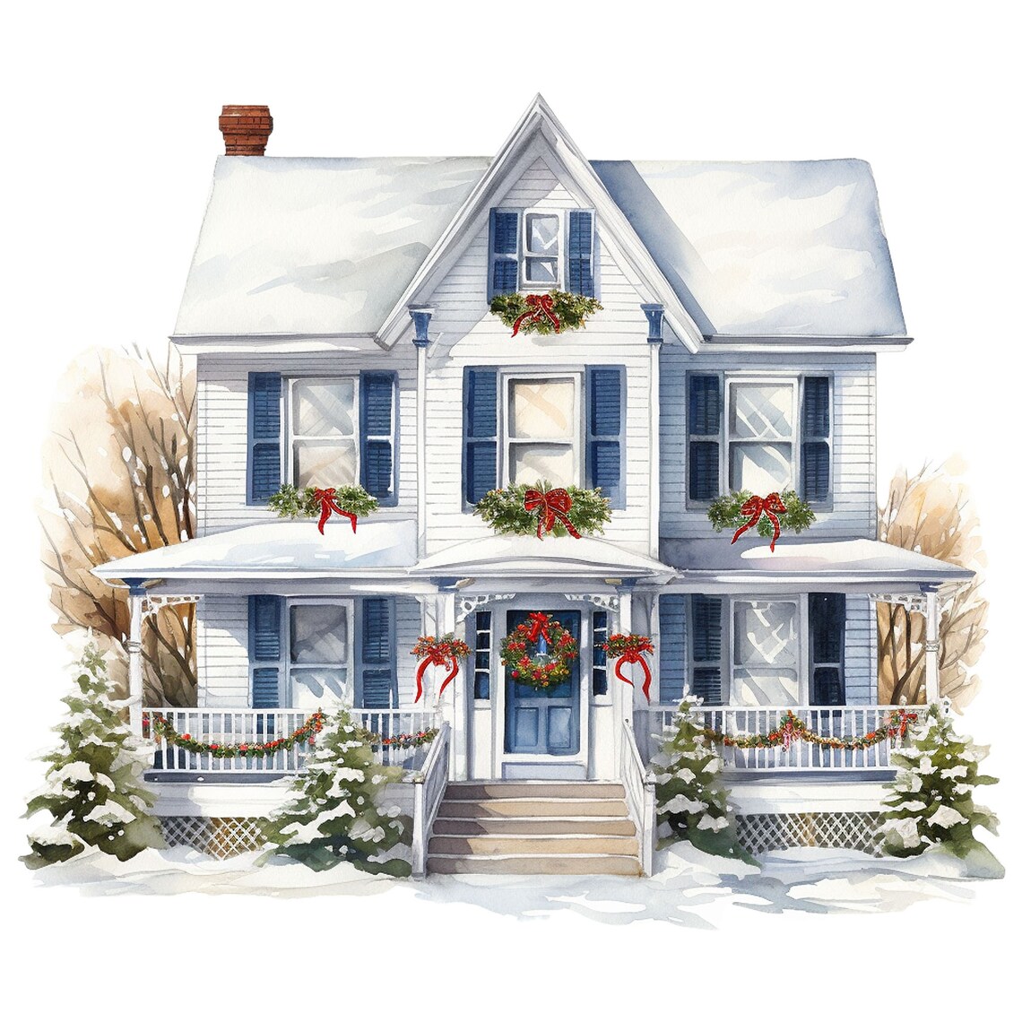 10 Watercolor Winter Holiday Houses Clipart Graphics - Printable PNG ...