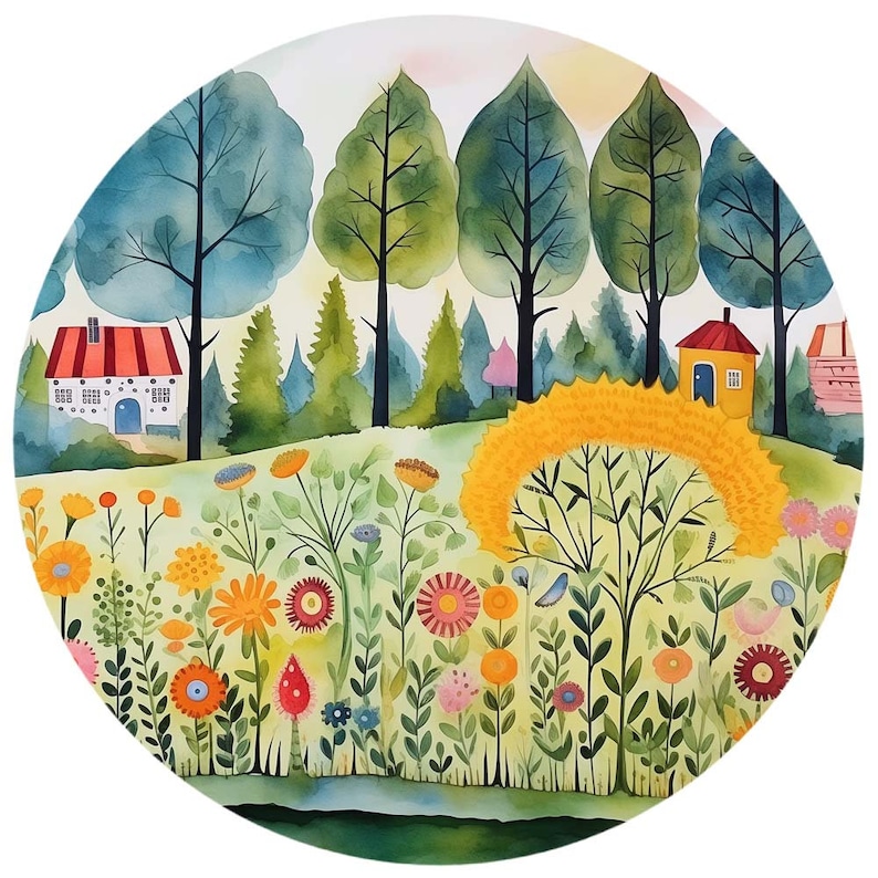 10 Folk Art Summer Landscape Watercolor Clipart Circle Graphics ...