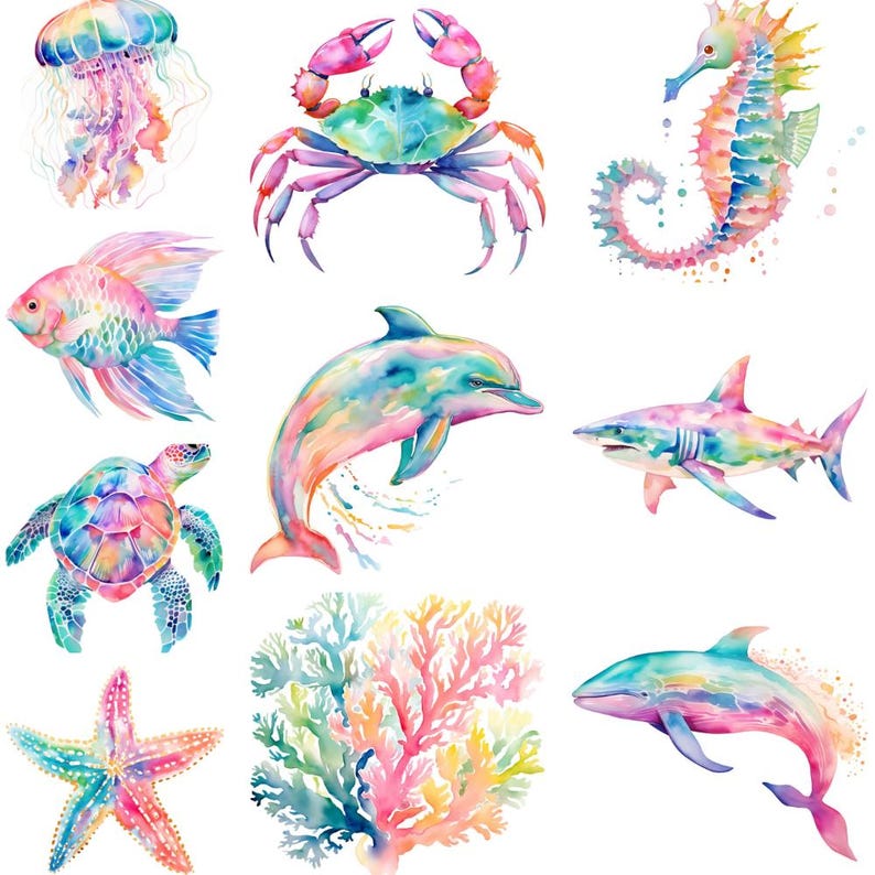 10 Watercolor Preppy Sea Creatures Clipart – Nautical PNG Graphics ...