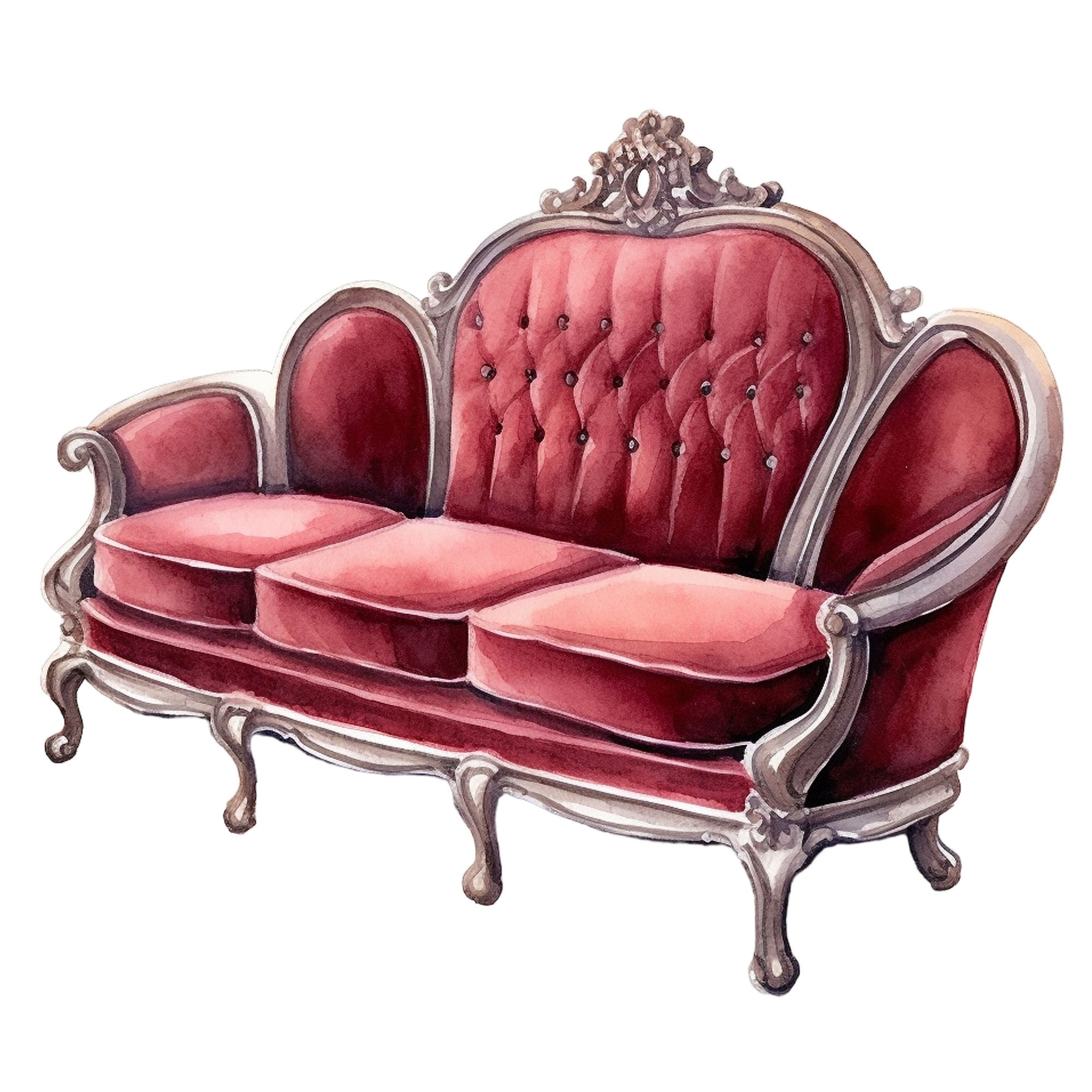 10 Watercolor Antique Red Velvet Sofa Furniture Clipart Digital PNG ...