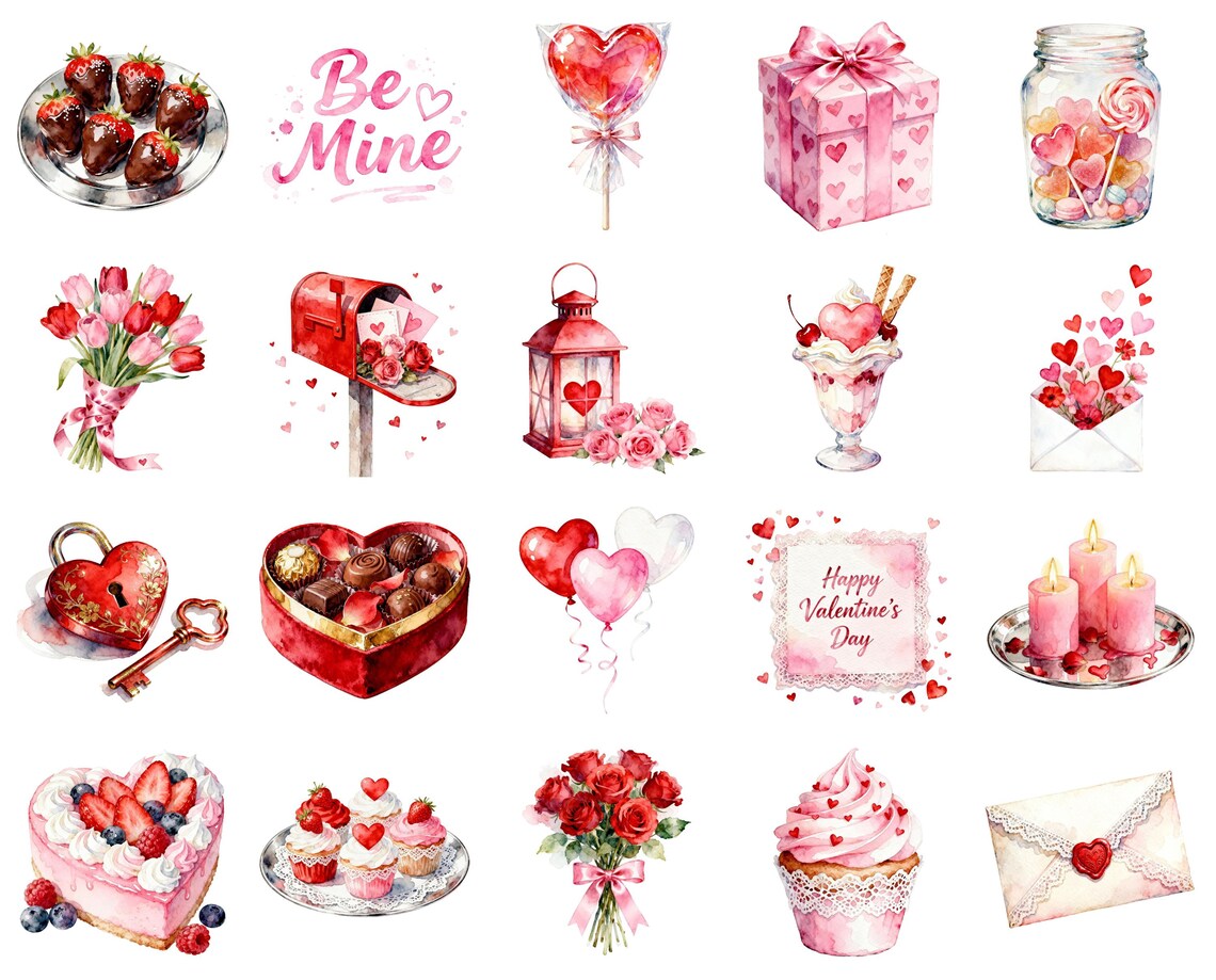 20 Watercolor Valentine's Day Clipart Graphics - Printable PNG Clip Art ...