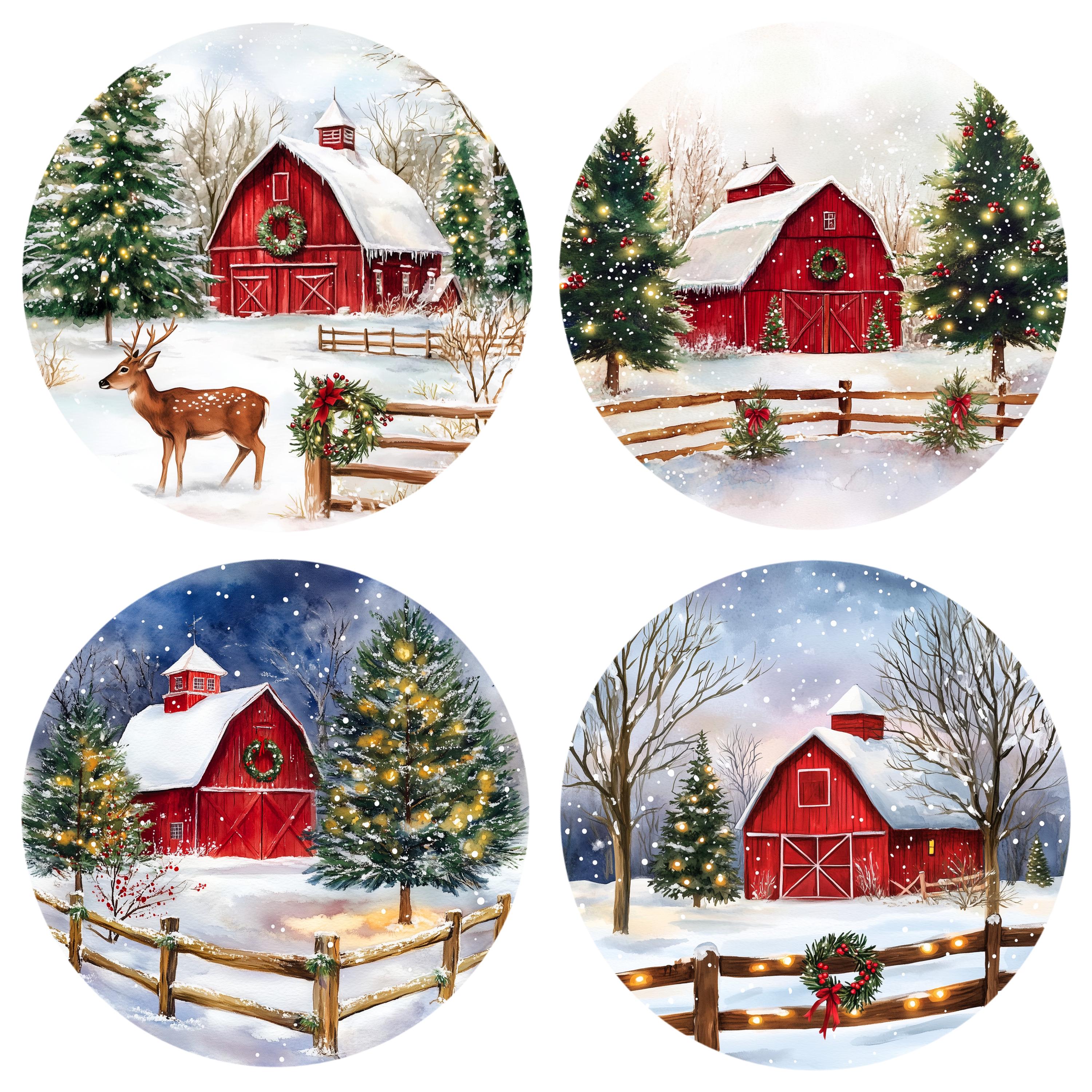 10 Watercolor Christmas Red Barn Scene Clipart Circle Graphics ...
