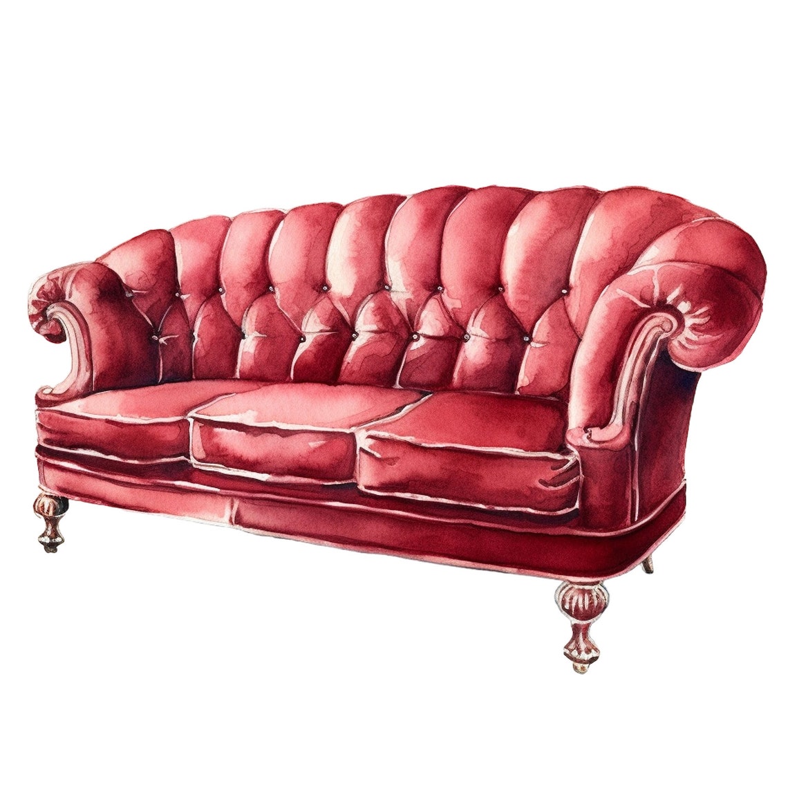 10 Watercolor Antique Red Velvet Sofa Furniture Clipart Digital PNG ...