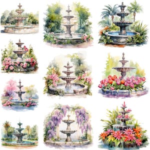 10 Garden Fountain Watercolor Clipart Graphics - Printable PNG Files ...