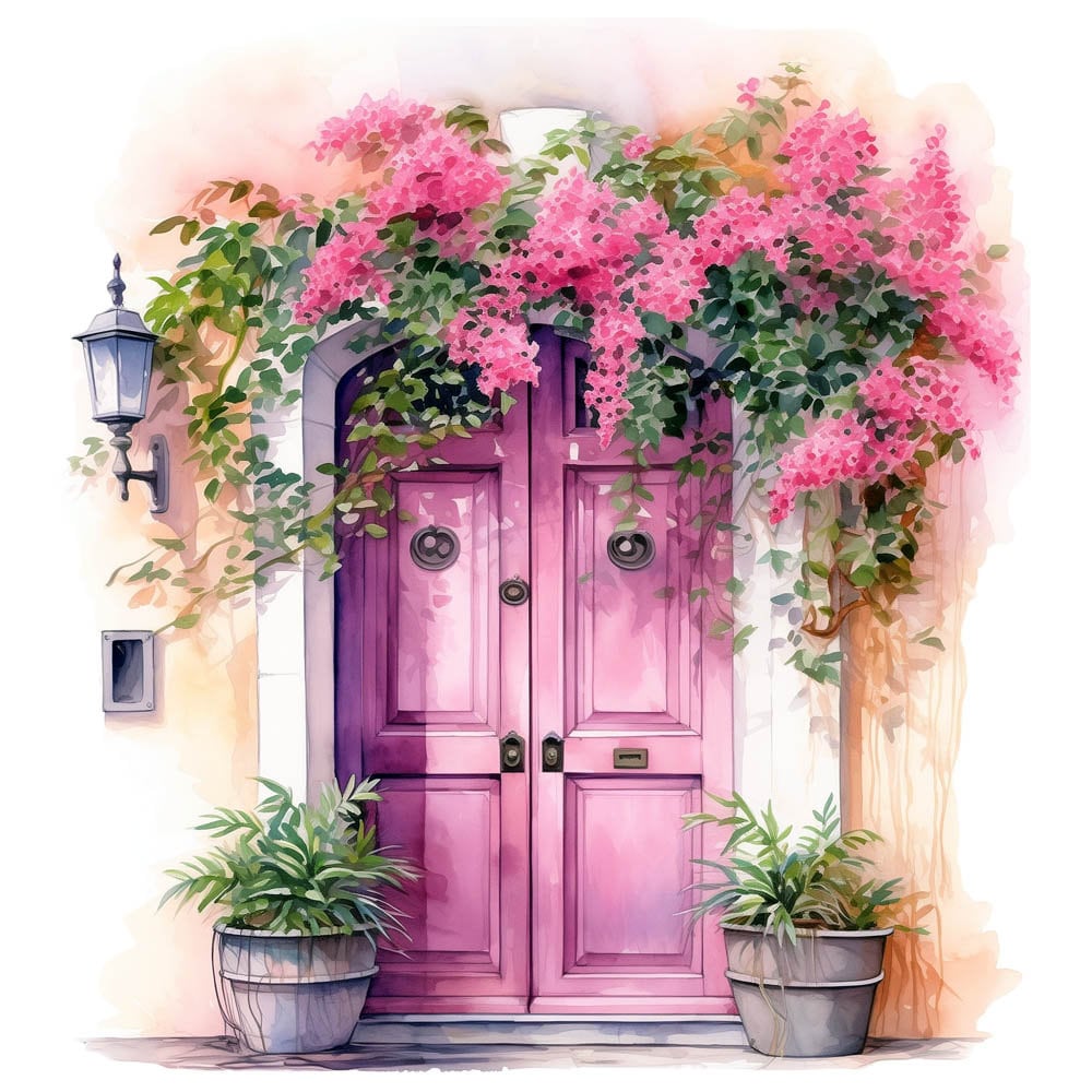9 Watercolor Pink Doors With Flowers Clipart Graphics Printable PNG ...