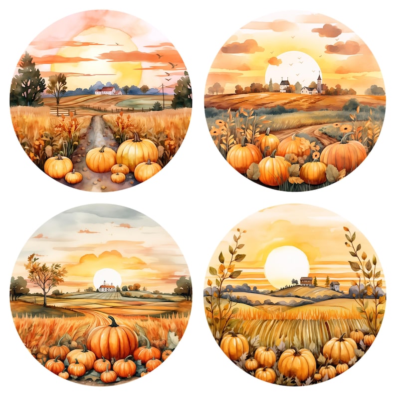 10 Watercolor Autumn Pumpkin Patch Clipart Circle Graphics Printable ...