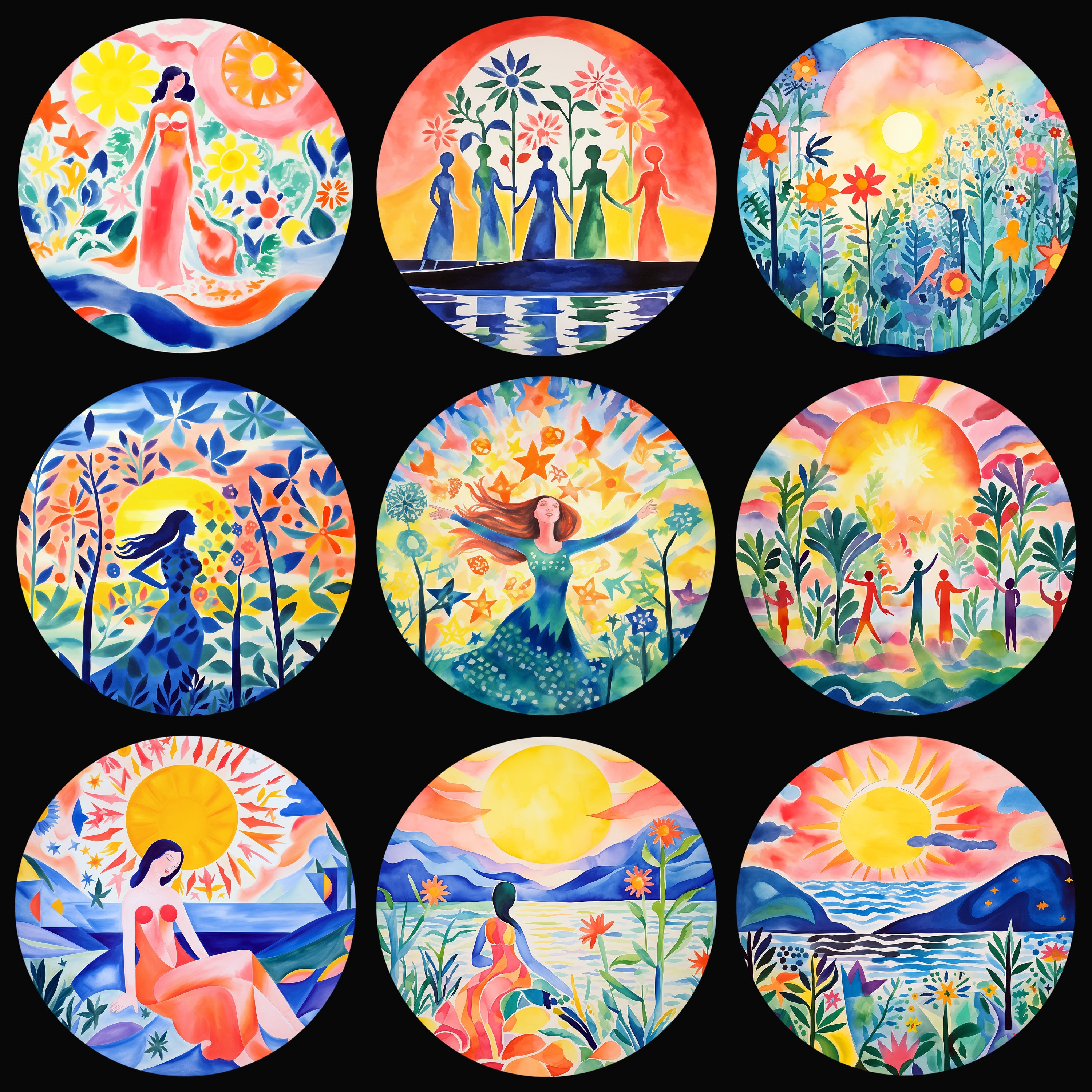 10 Matisse Inspired Summer Solstice Watercolor Circle Clipart - PNG ...