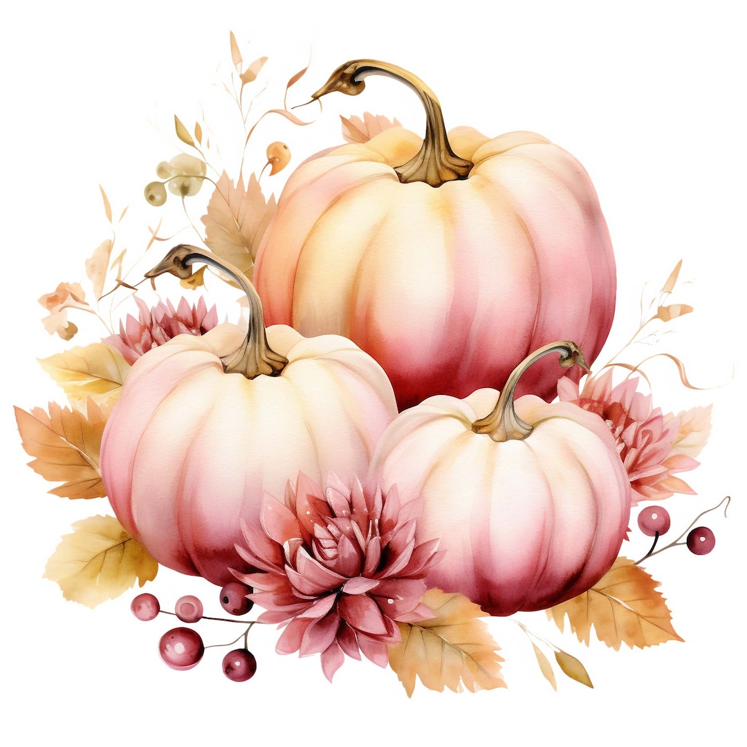 10 Pink and Gold Floral Pumpkins Watercolor Clipart Graphics ...