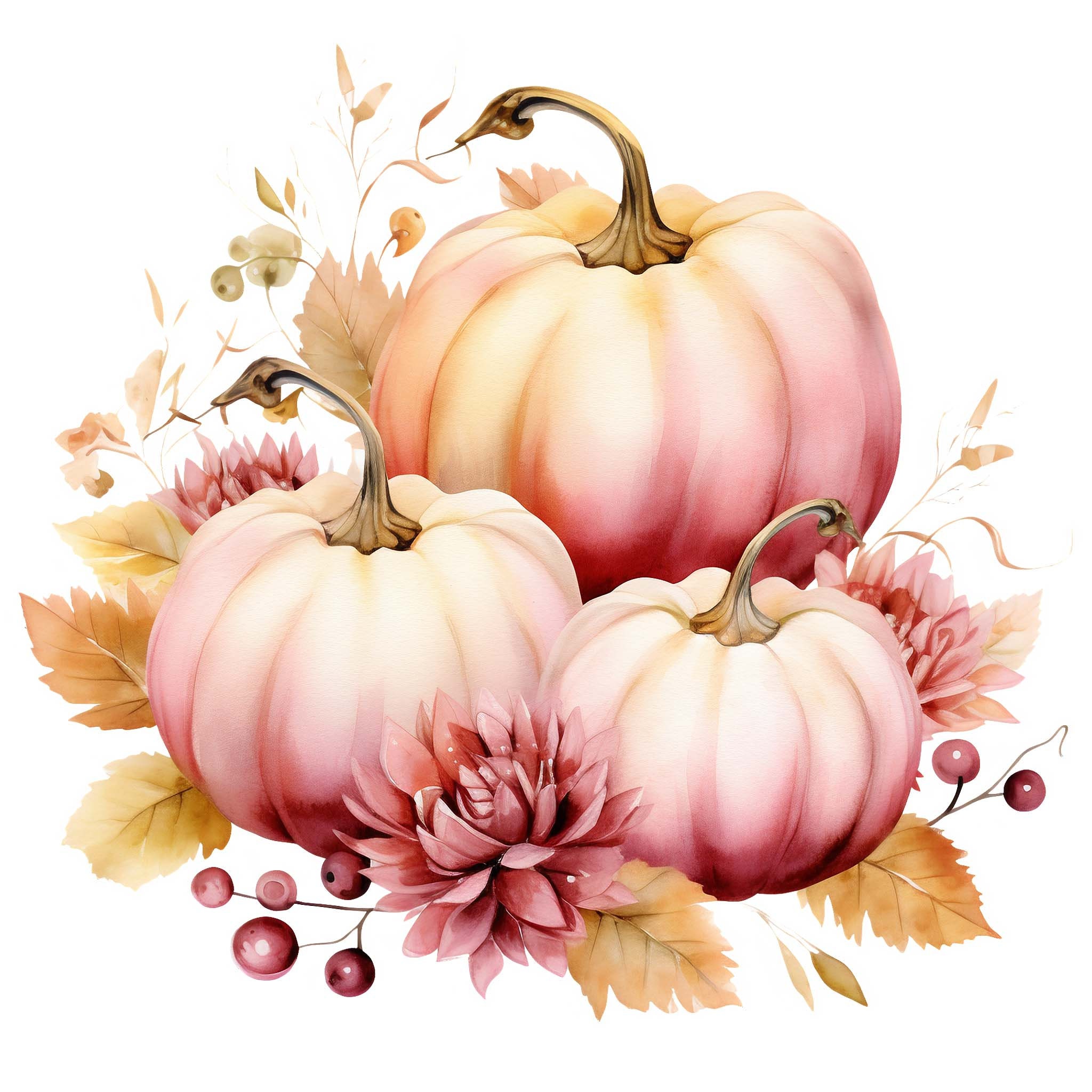 10 Pink and Gold Floral Pumpkins Watercolor Clipart Graphics Printable ...