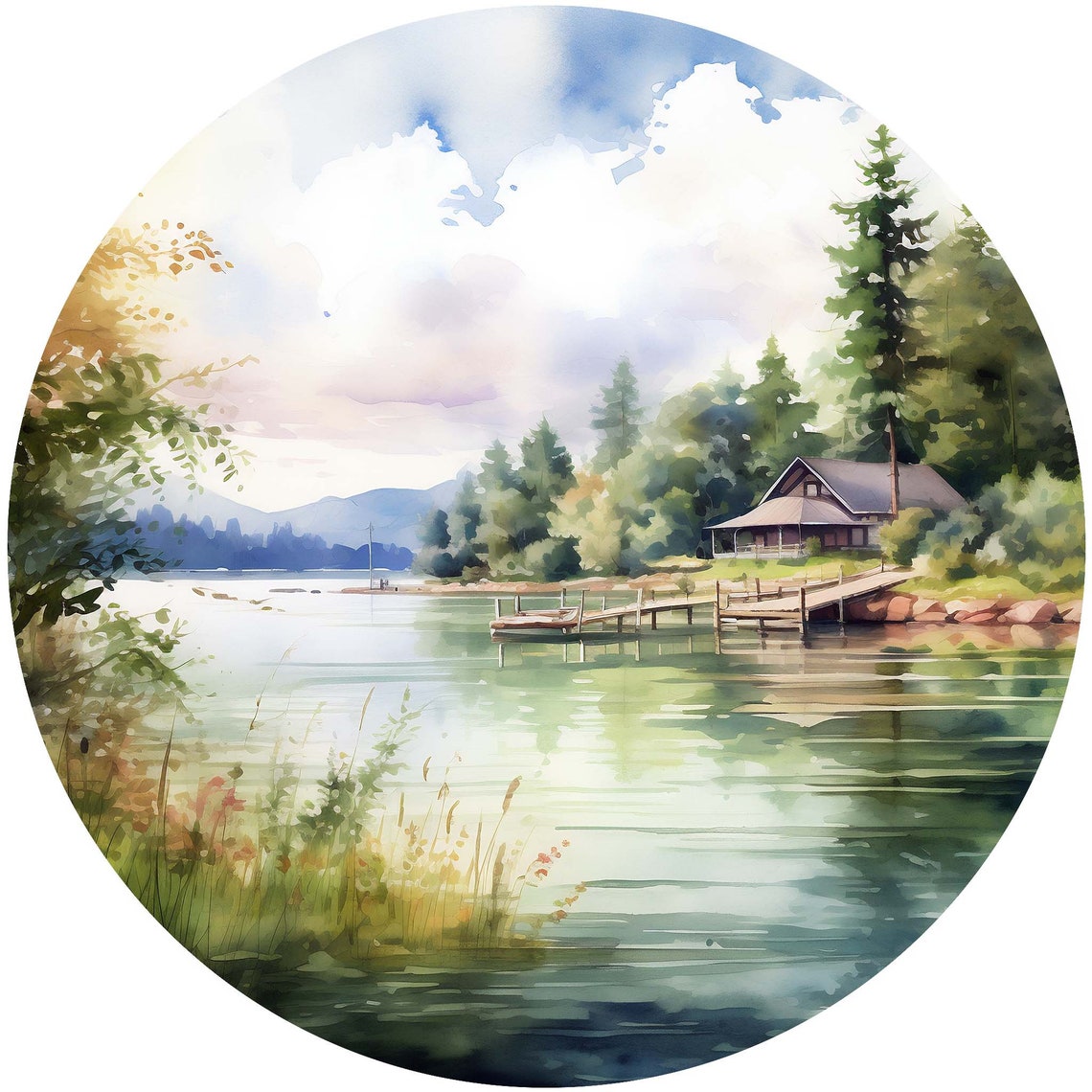 10 Watercolor Lakeside Scenery Clipart Graphics - Printable PNG Files ...