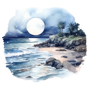 16 Watercolor Moonlight Beach Clipart Graphics - Printable PNG Files ...