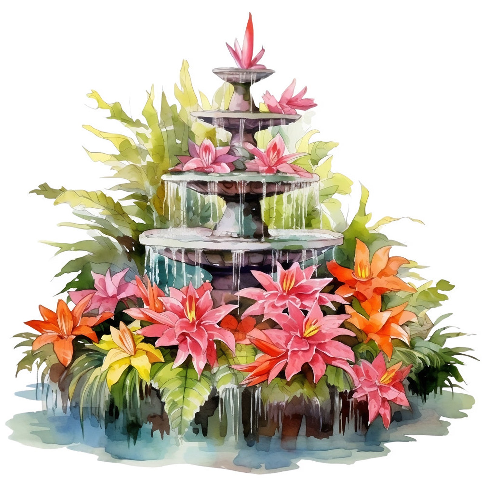 10 Garden Fountain Watercolor Clipart Graphics - Printable PNG Files ...