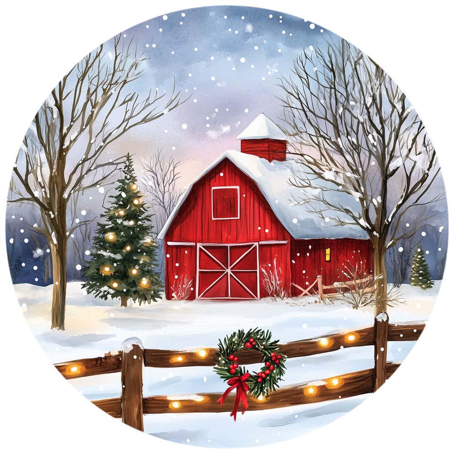 10 Watercolor Christmas Red Barn Scene Clipart Circle Graphics ...